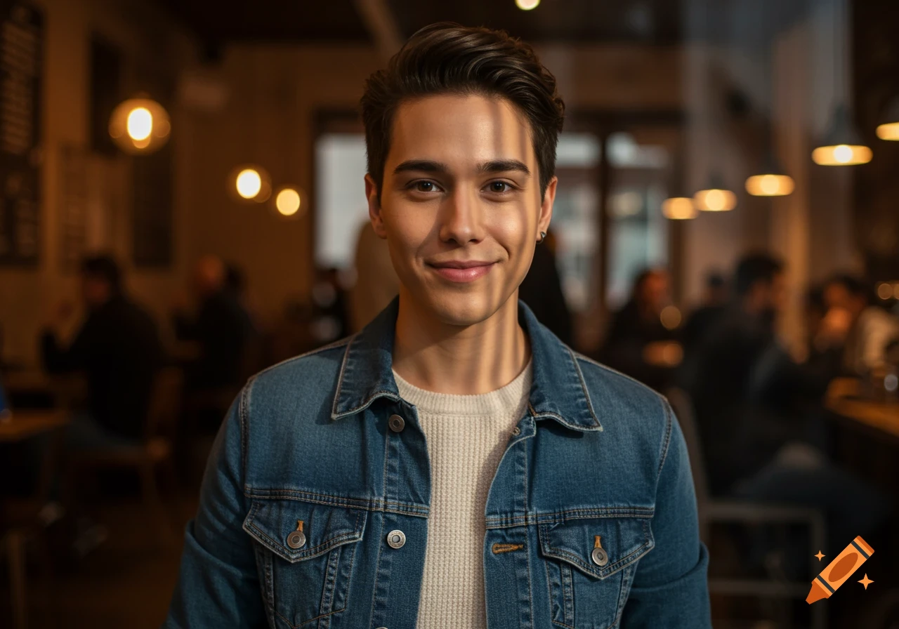 A photorealistic portrait of a young man with dark hair smiling in a ...