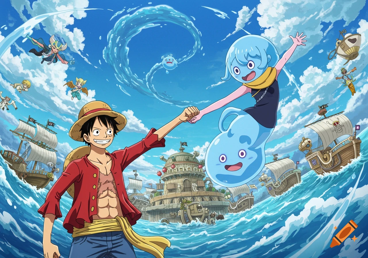 Luffy and Naruto stand ready to fight in a large stadium arena ...