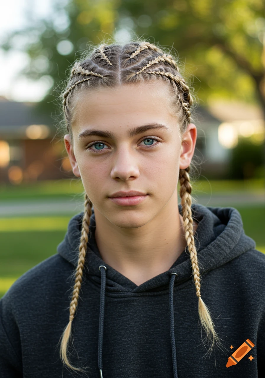 A close-up portrait of a young person with blonde cornrows and striking ...
