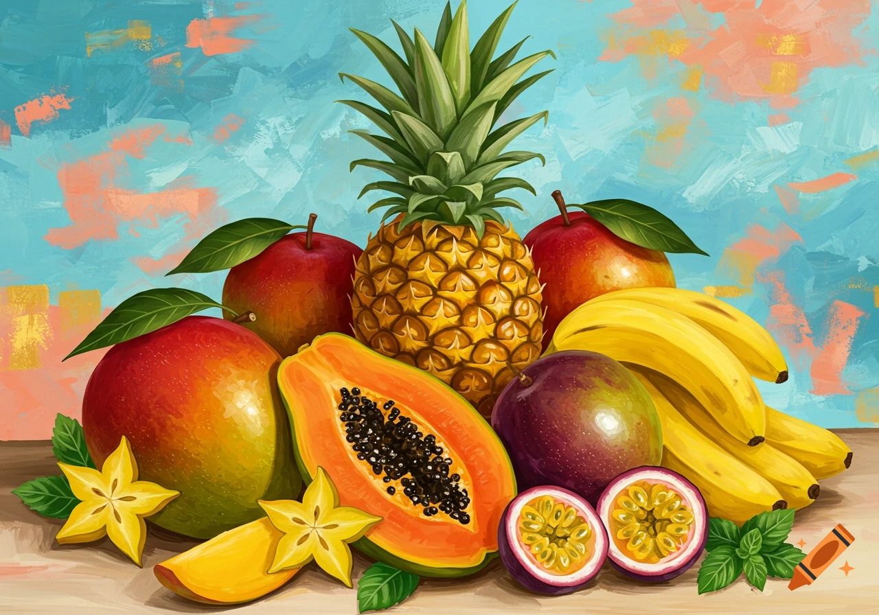Vibrant painted still life of tropical fruits including pineapple ...