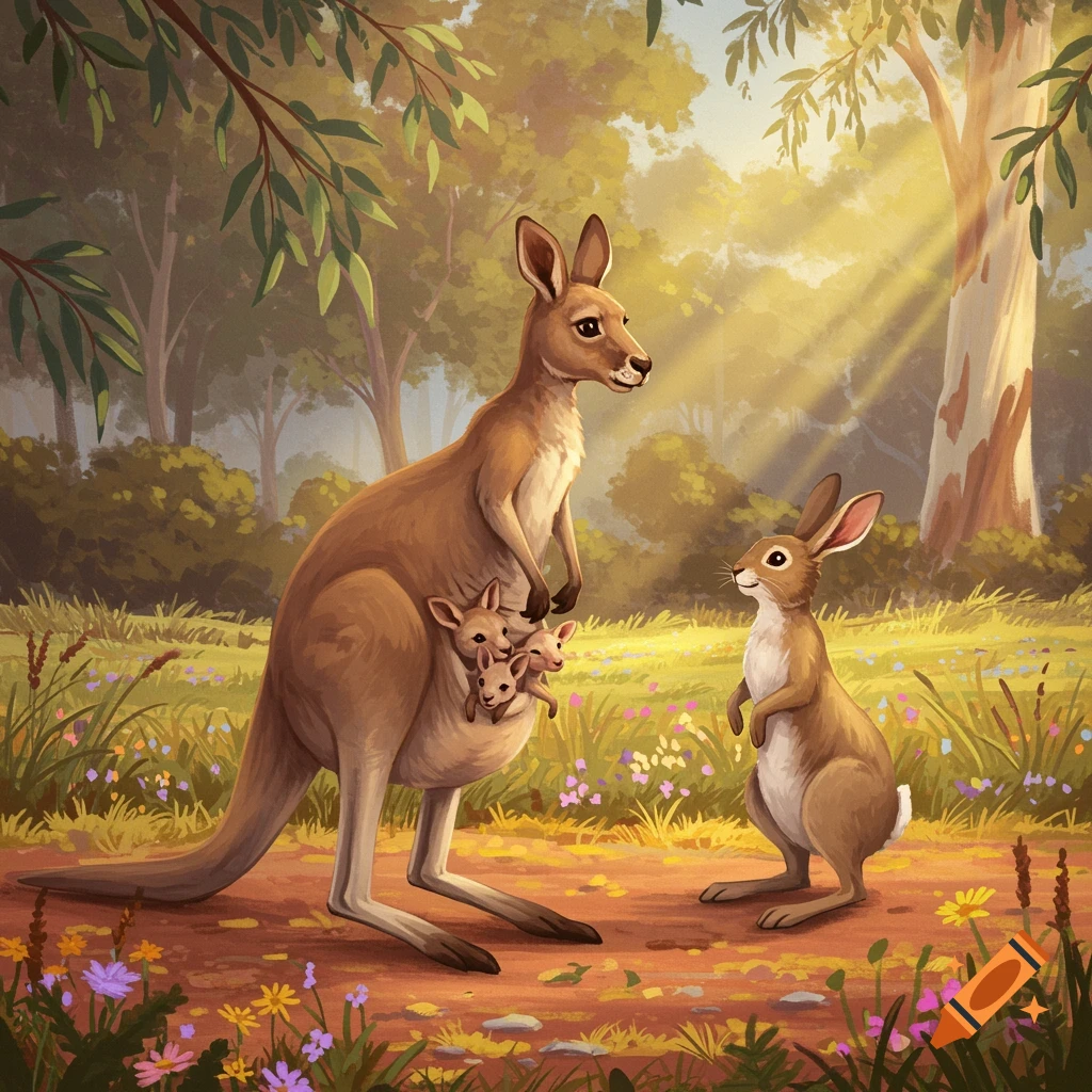 Cartoon Kanga the kangaroo with baby Roo in her pouch stands in a lush ...