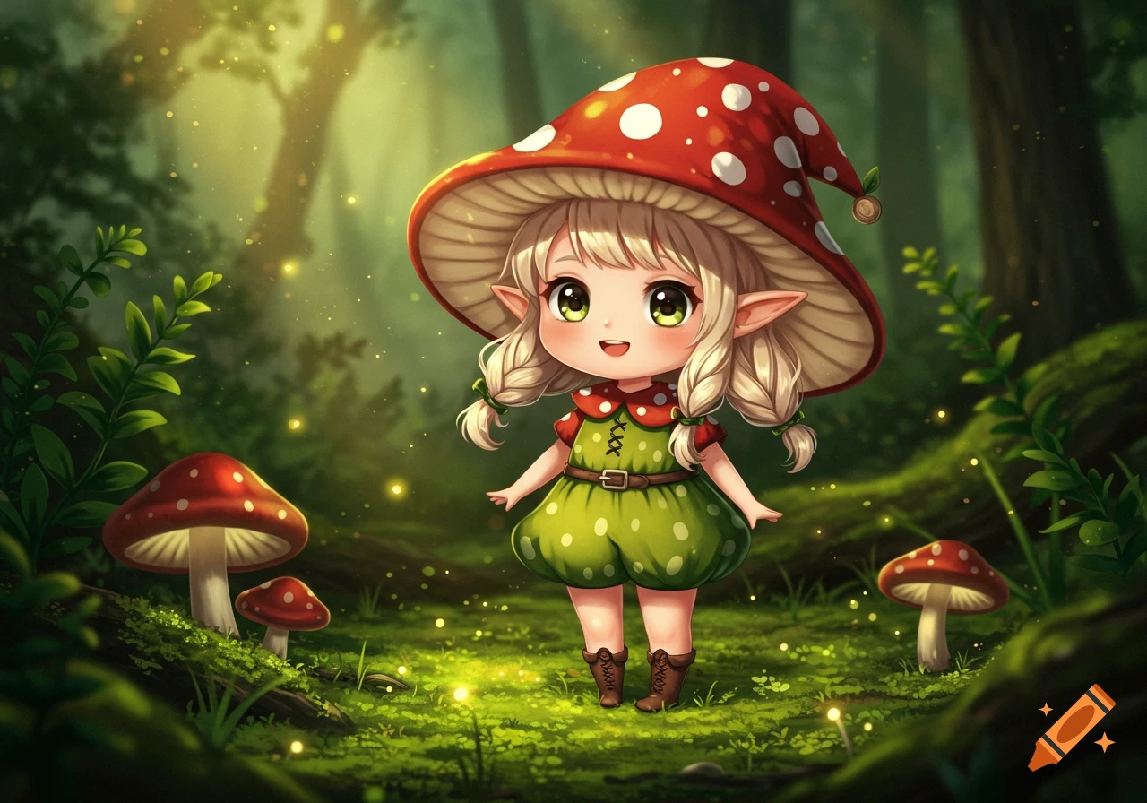 Anime-style mushroom girl with green hair and a red and white dress ...