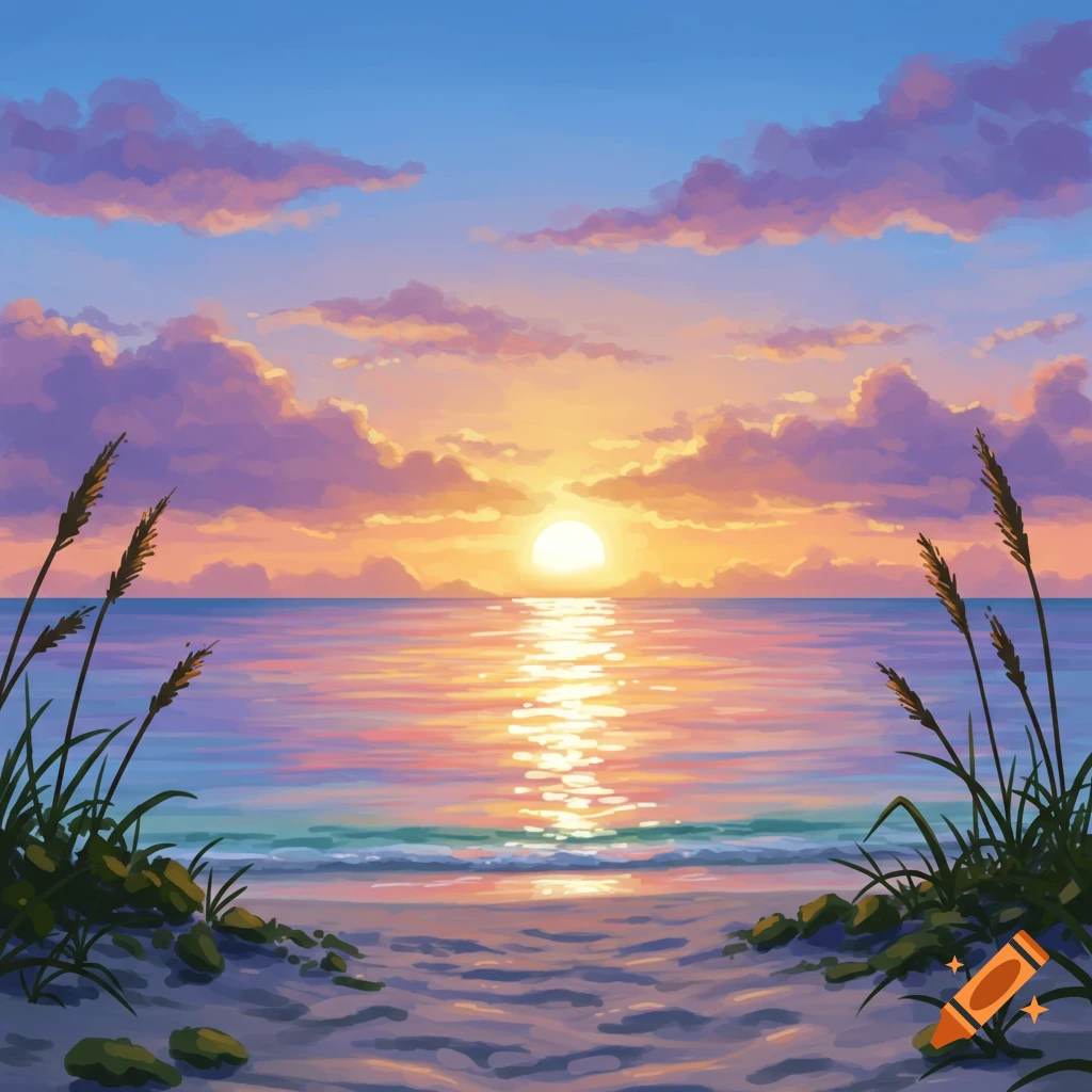 Crayon art of a colorful sunset over the ocean on Craiyon