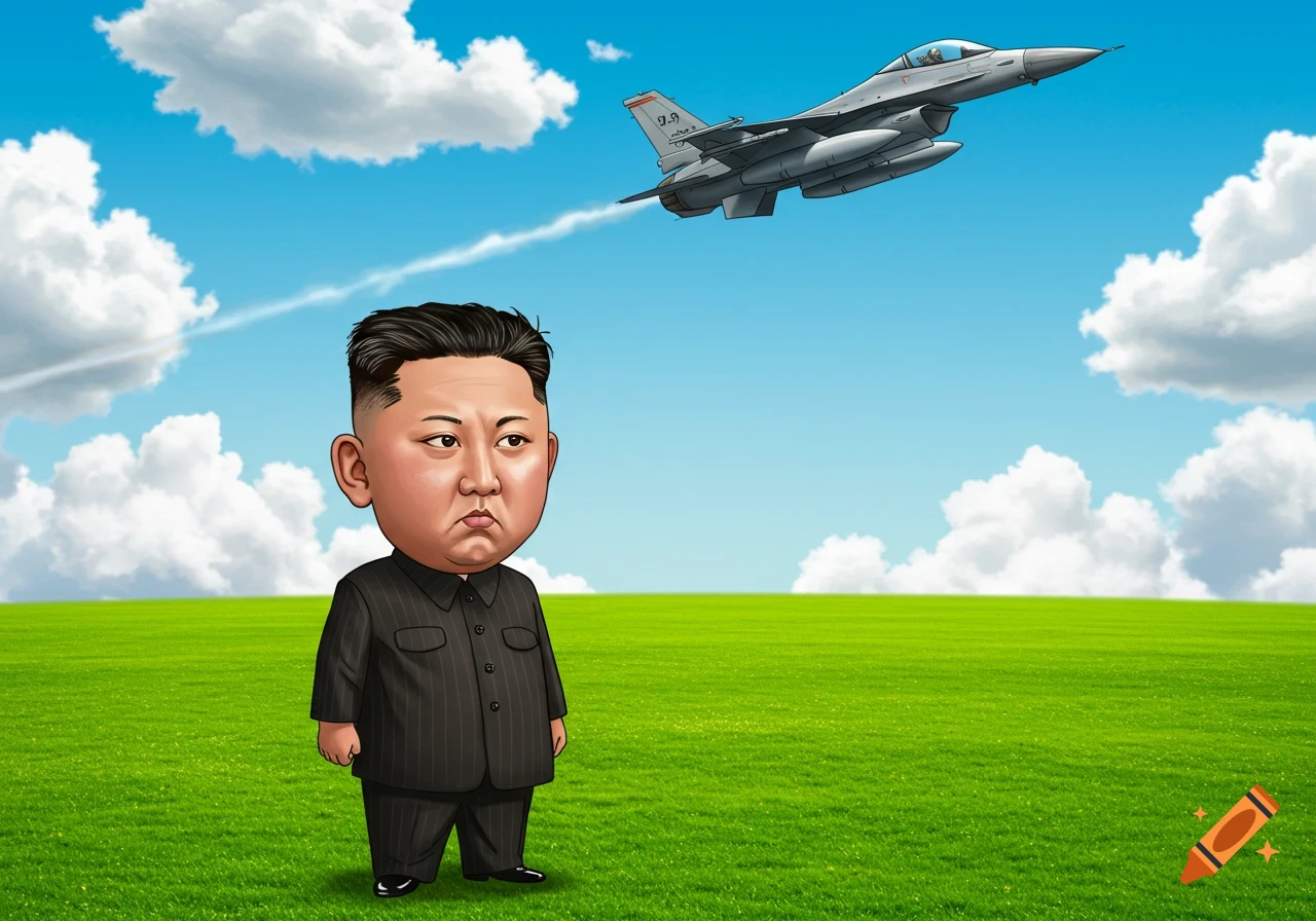 Cartoon caricature of Kim Jong Un in a field, looking up at an F-16 jet ...