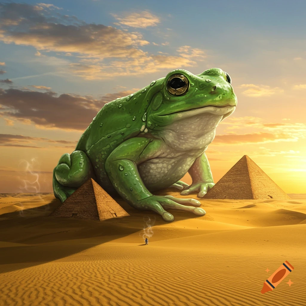 A gigantic green frog stands among the Egyptian pyramids in a vast ...