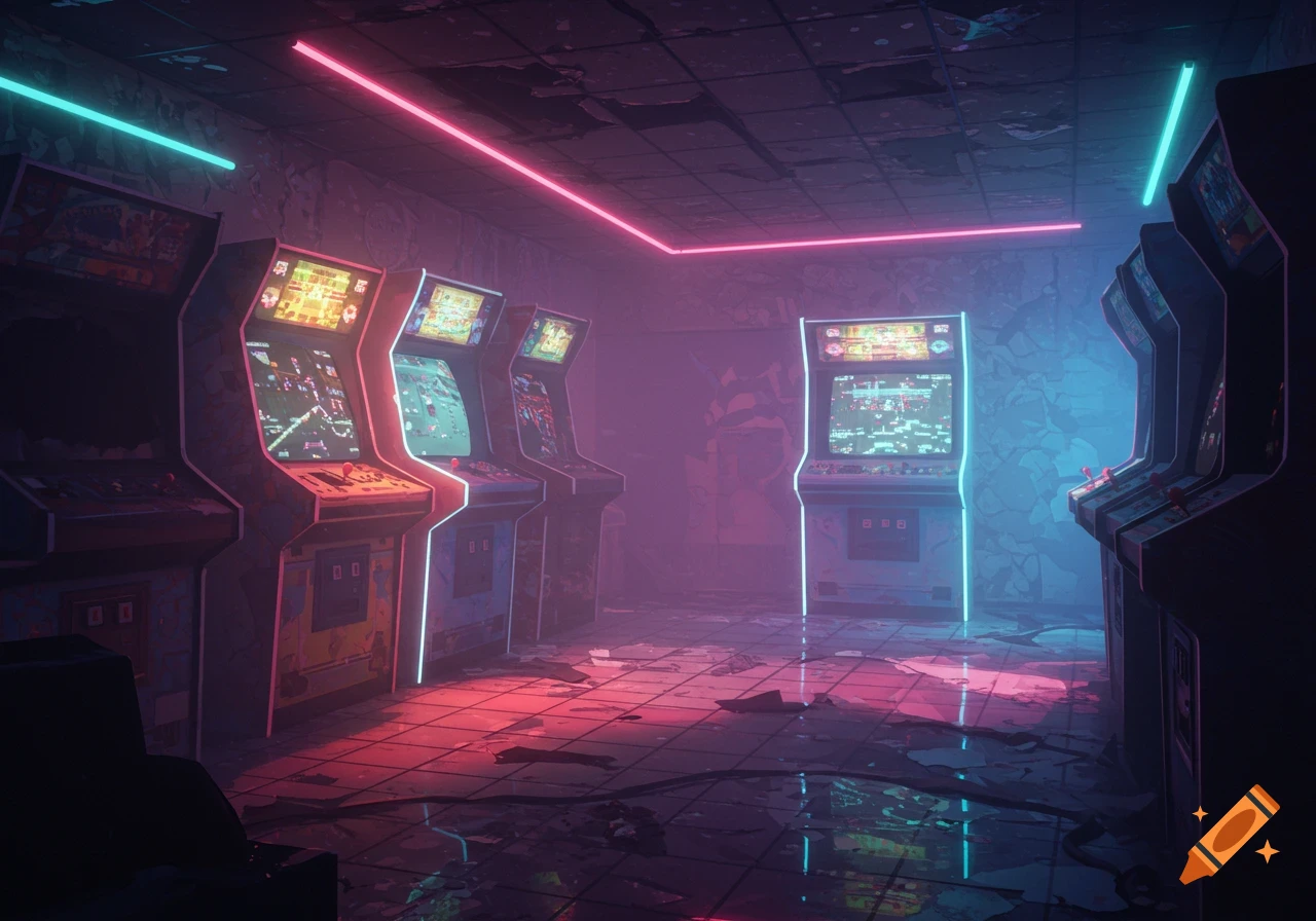 Retro 80s style arcade with vibrant neon lights, pixel art arcade machines, and a reflective ...