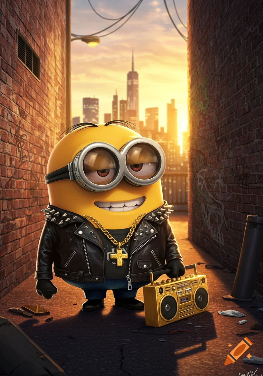 A Minion in a yellow dress rides a glowing hoverboard down a neon-lit ...