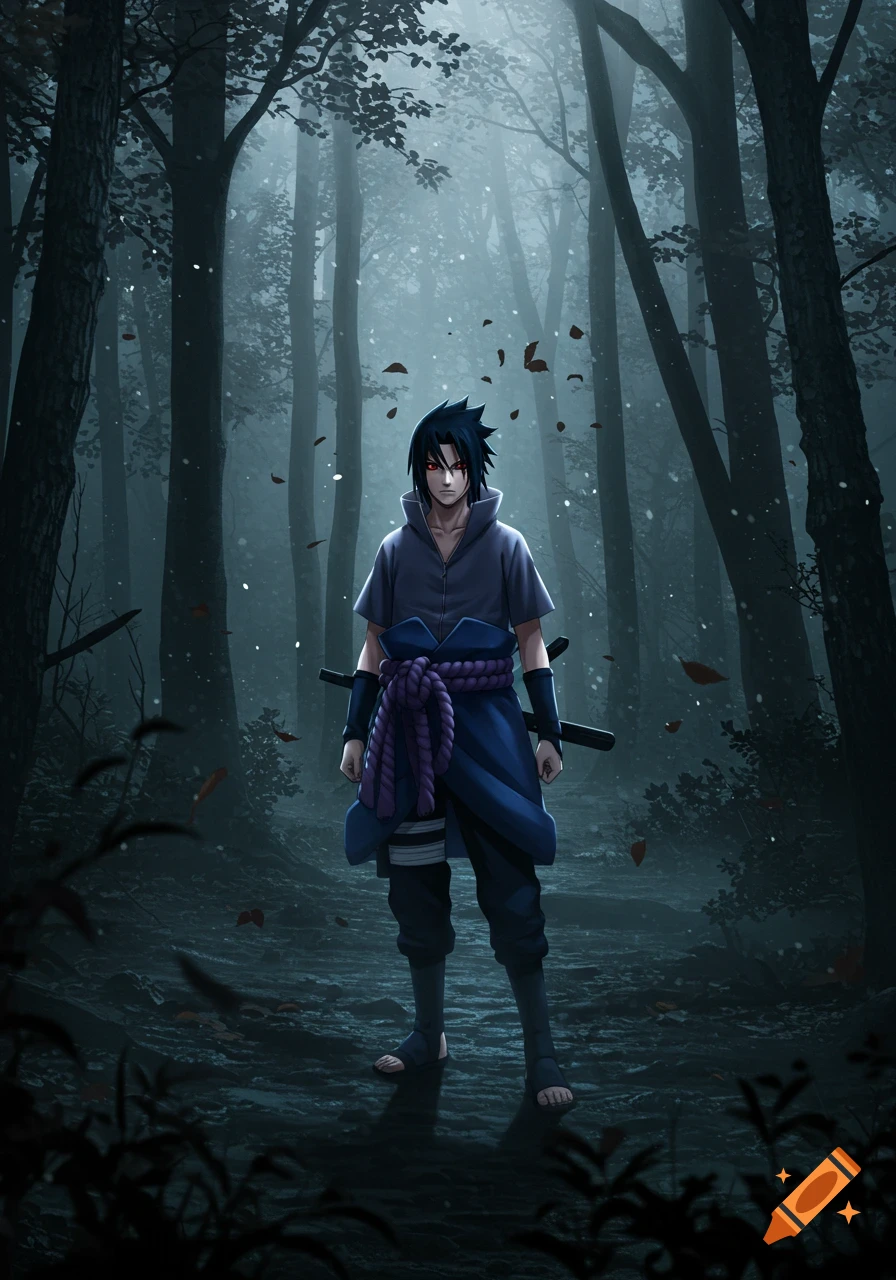 Sasuke Uchiha stands in a dark, misty forest with leaves falling, in an ...