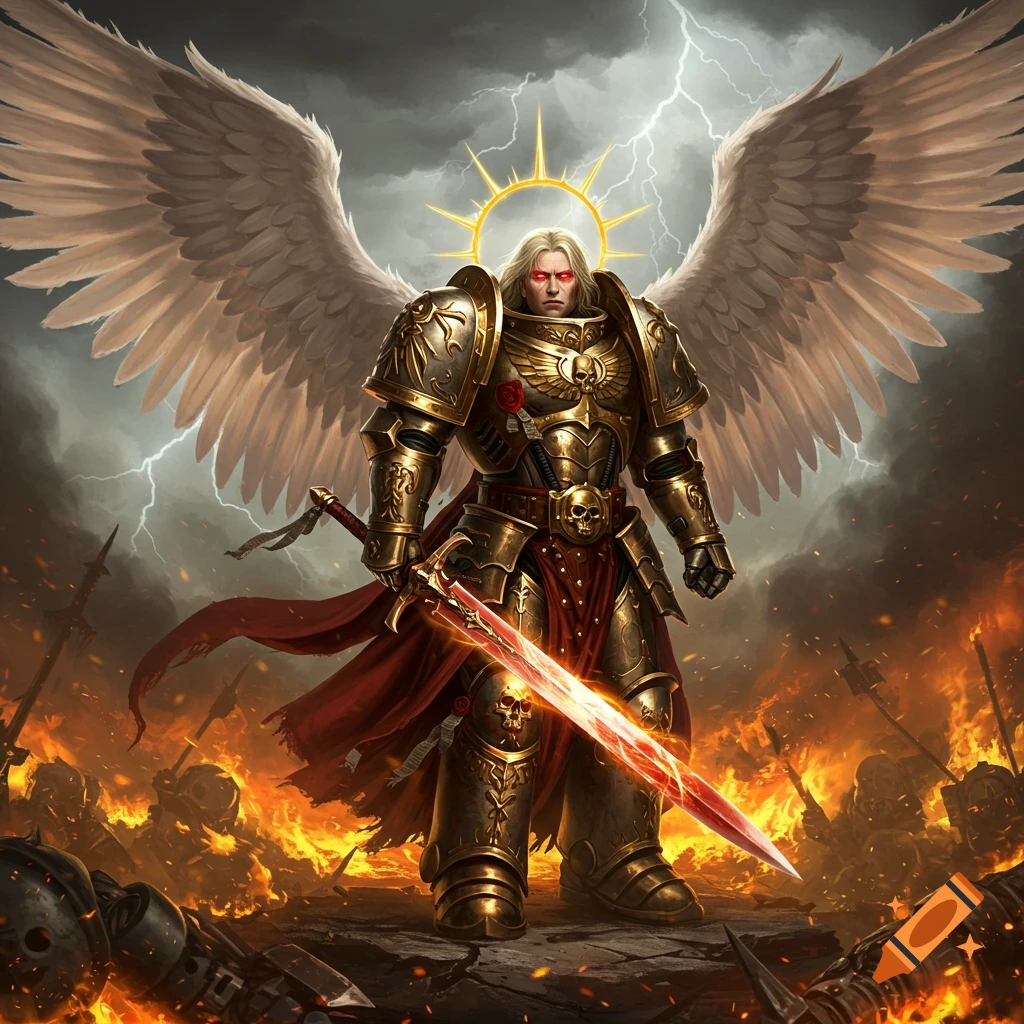 A male warrior angel in armor with wings, holding a sword and shield ...