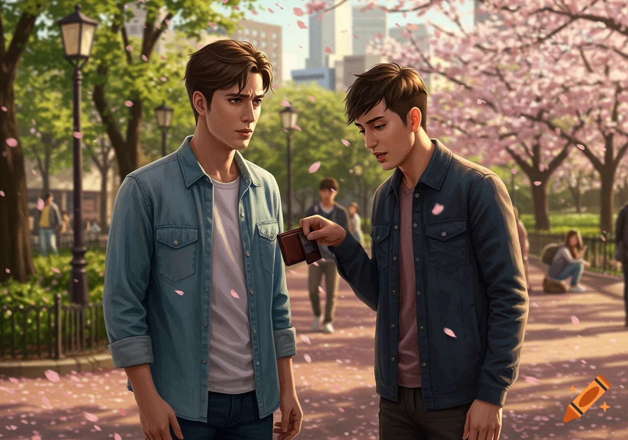 Two young men in a park with cherry blossoms. One man shows a wallet to ...