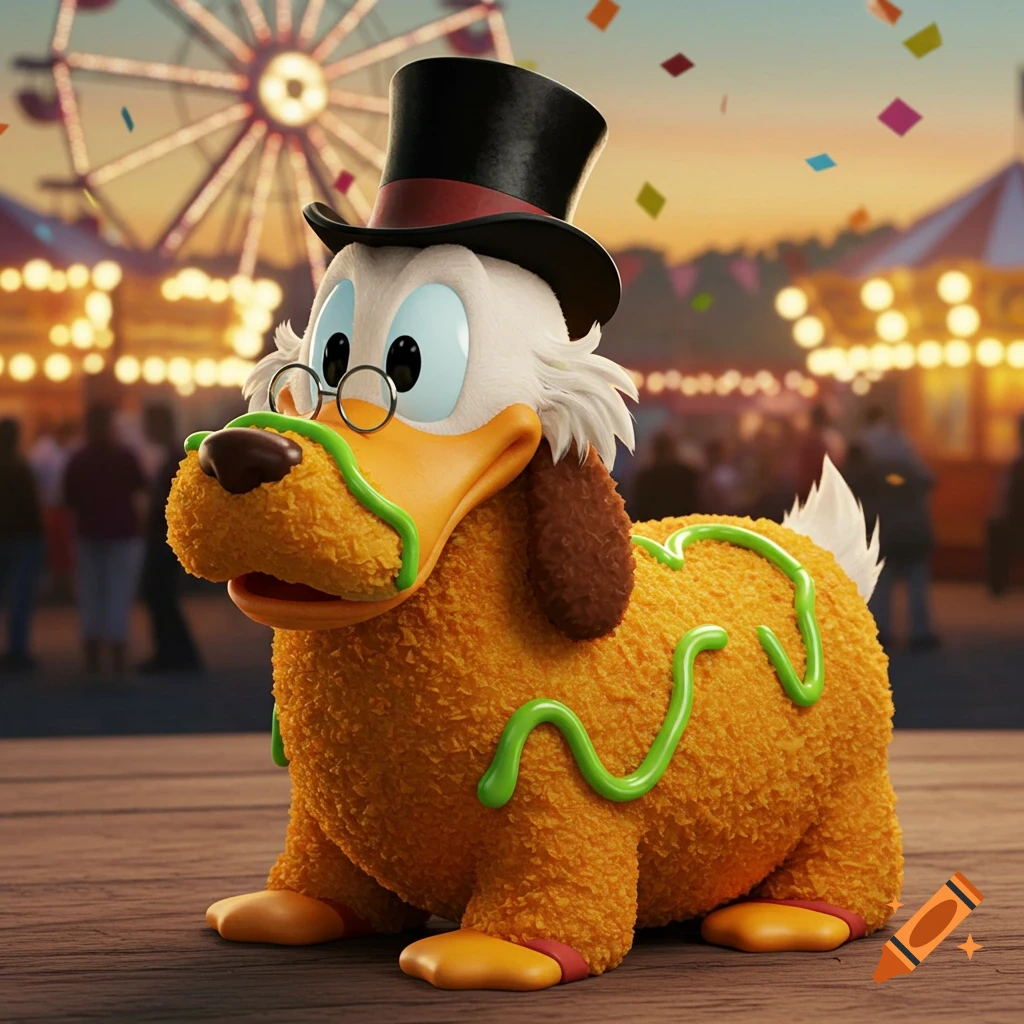 Cartoon Scrooge McDuck as a corn dog with green sauce and a top hat ...