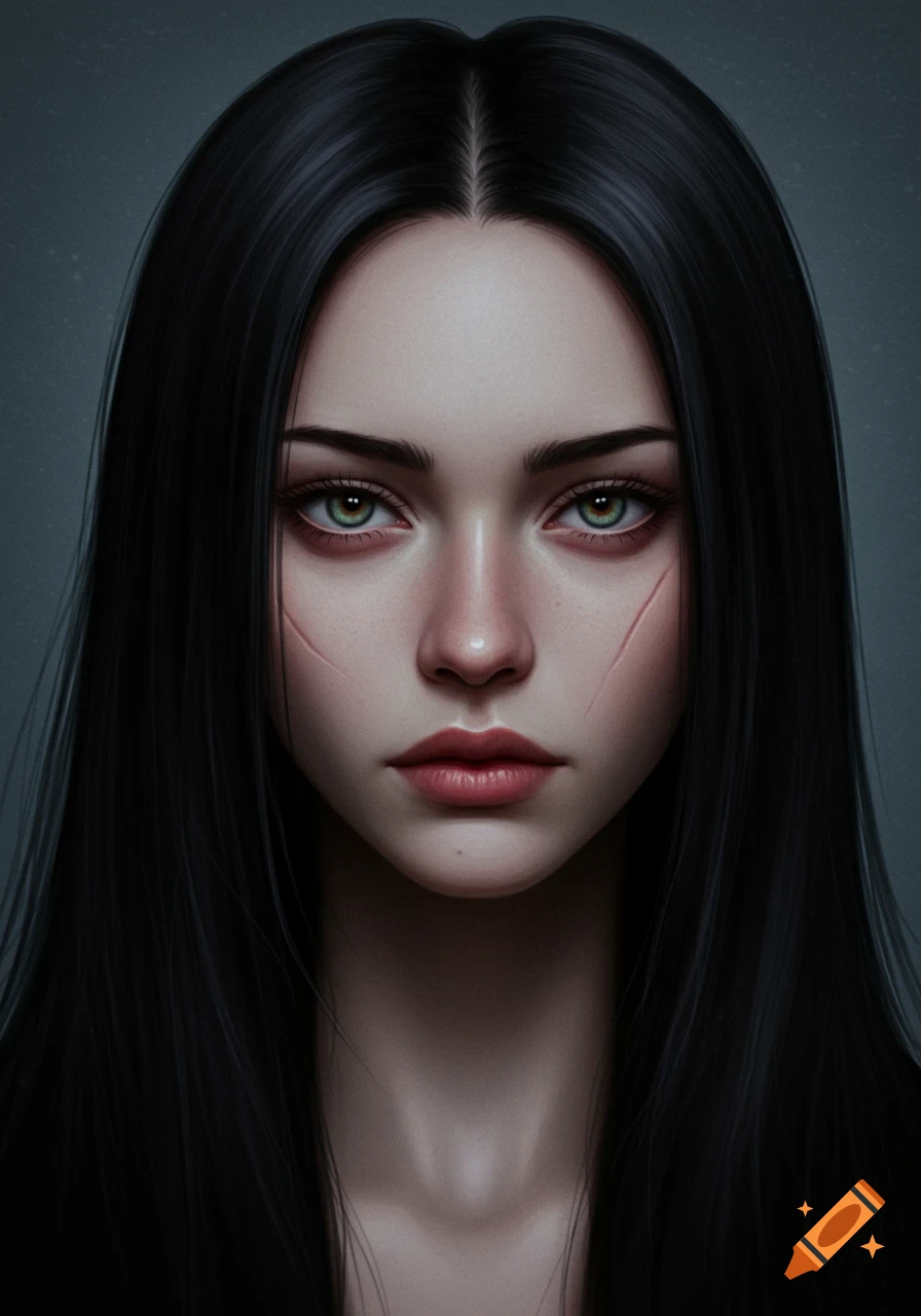 Close-up portrait of a pale woman with long black hair, green eyes, and scars on her cheeks, in ...