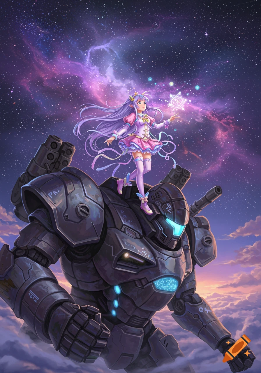 An anime magical girl with long purple hair stands atop a large grey ...