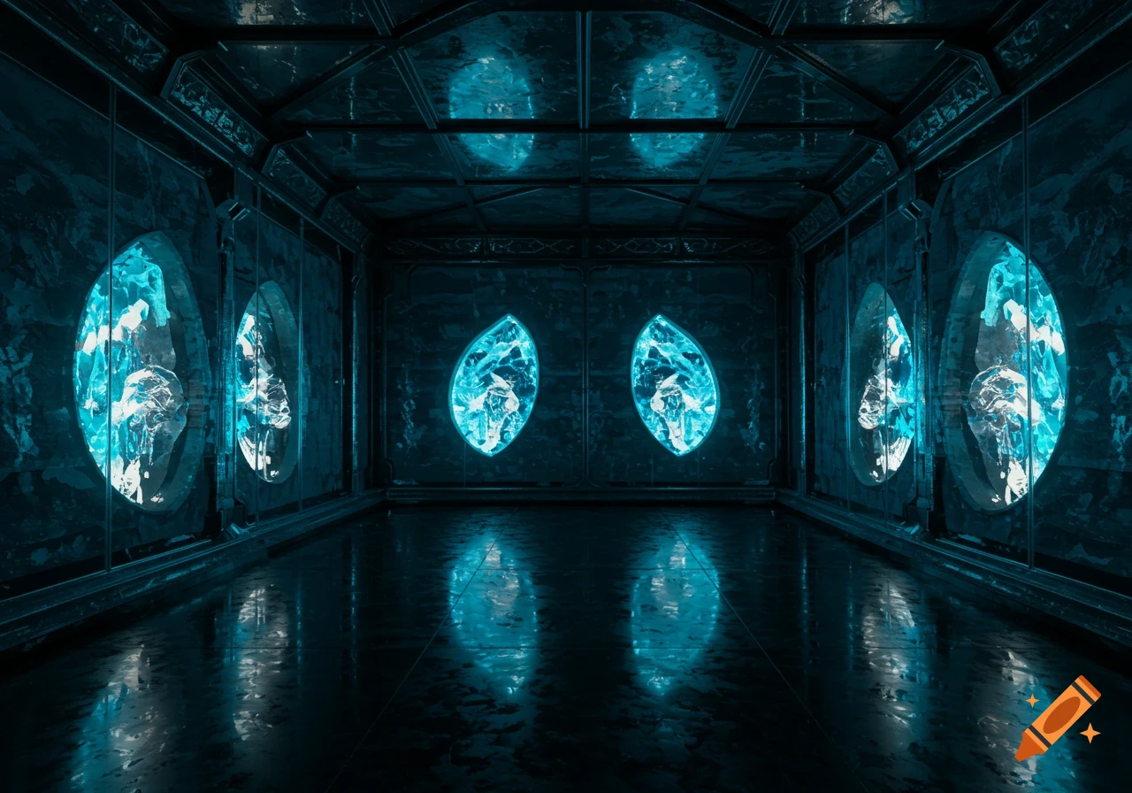 A high-tech futuristic room with ornate dark walls, a reflective floor ...