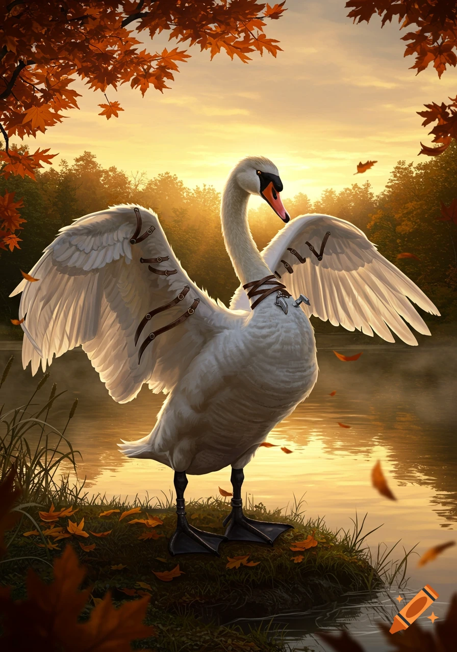 A white swan with barbarian-style leather straps stands by an autumn ...