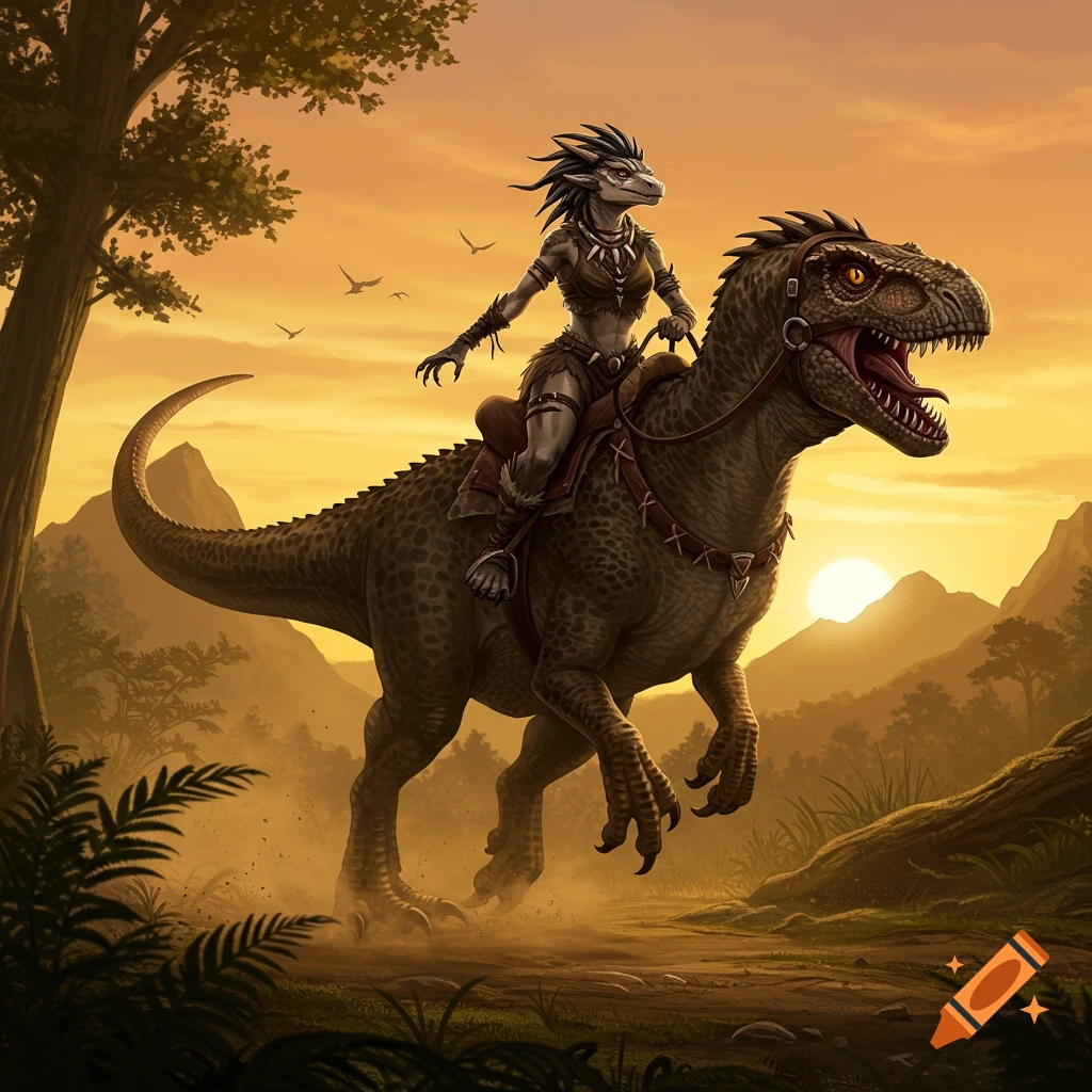A reptilian creature rides a dinosaur through a prehistoric landscape ...