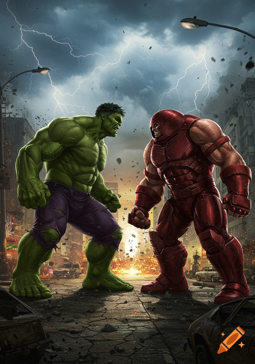 The Hulk and a Xenomorph face off in a destroyed city under a stormy ...