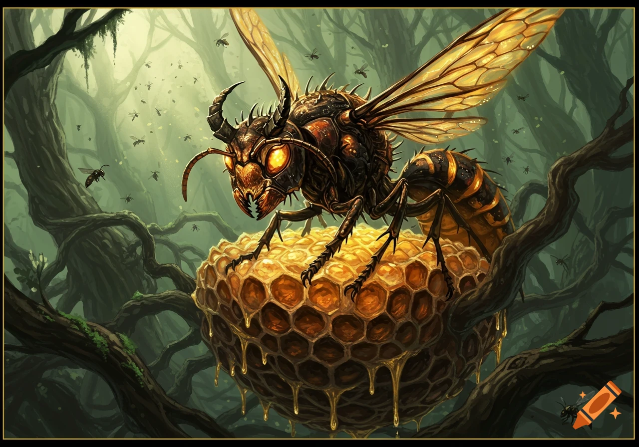 A brave kobold and a cat with a crossbow confront a giant wasp in a ...