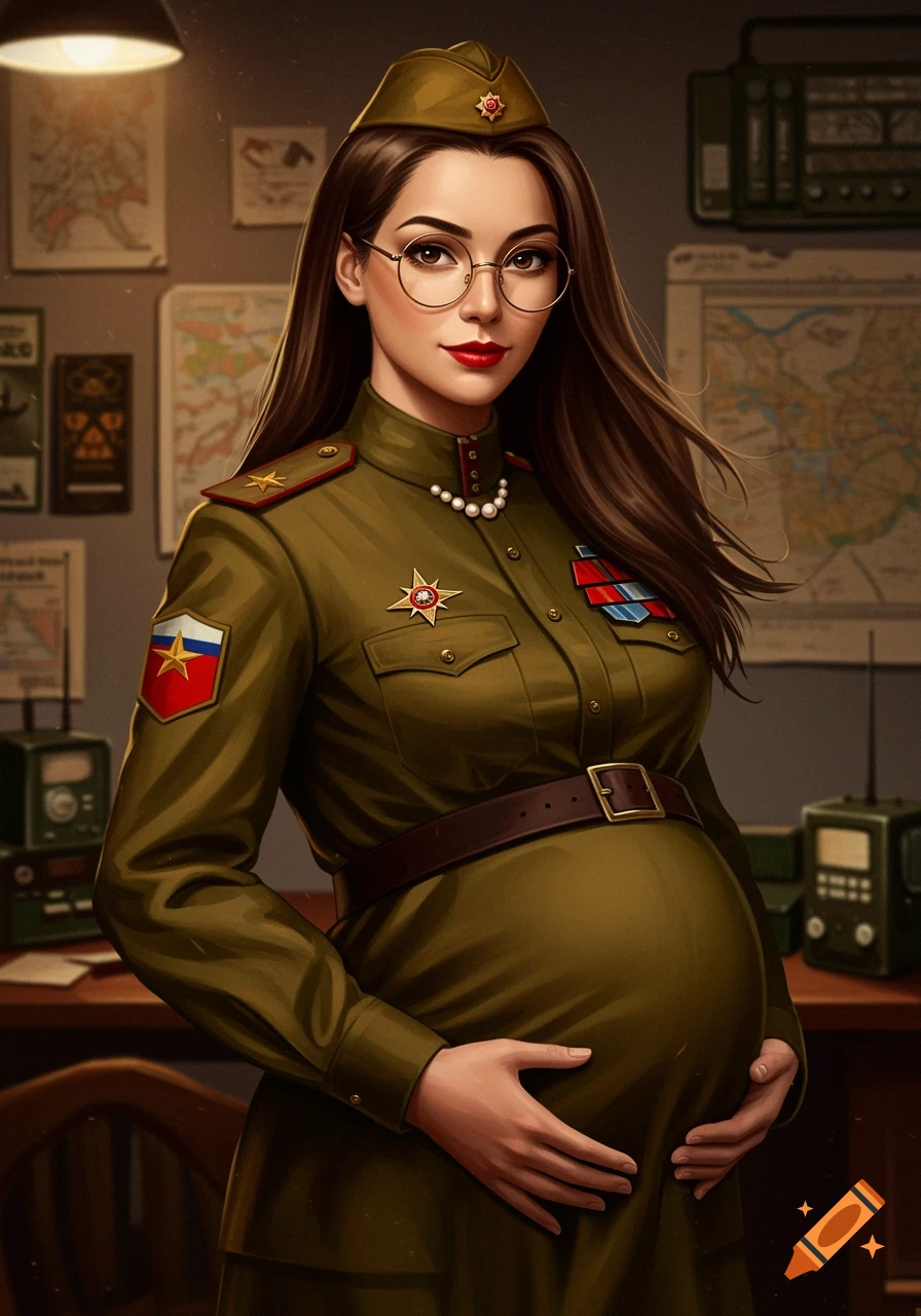 Illustrative portrait of a pregnant woman in a Russian army uniform ...