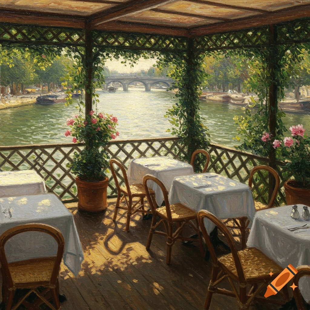 Impressionist painting of an empty outdoor restaurant patio with tables ...