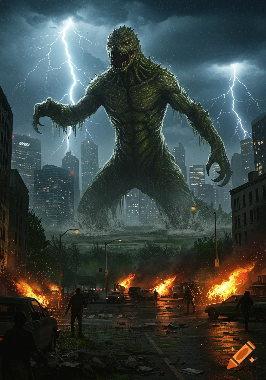 A painting of Godzilla towering over a busy cobblestone street at night ...