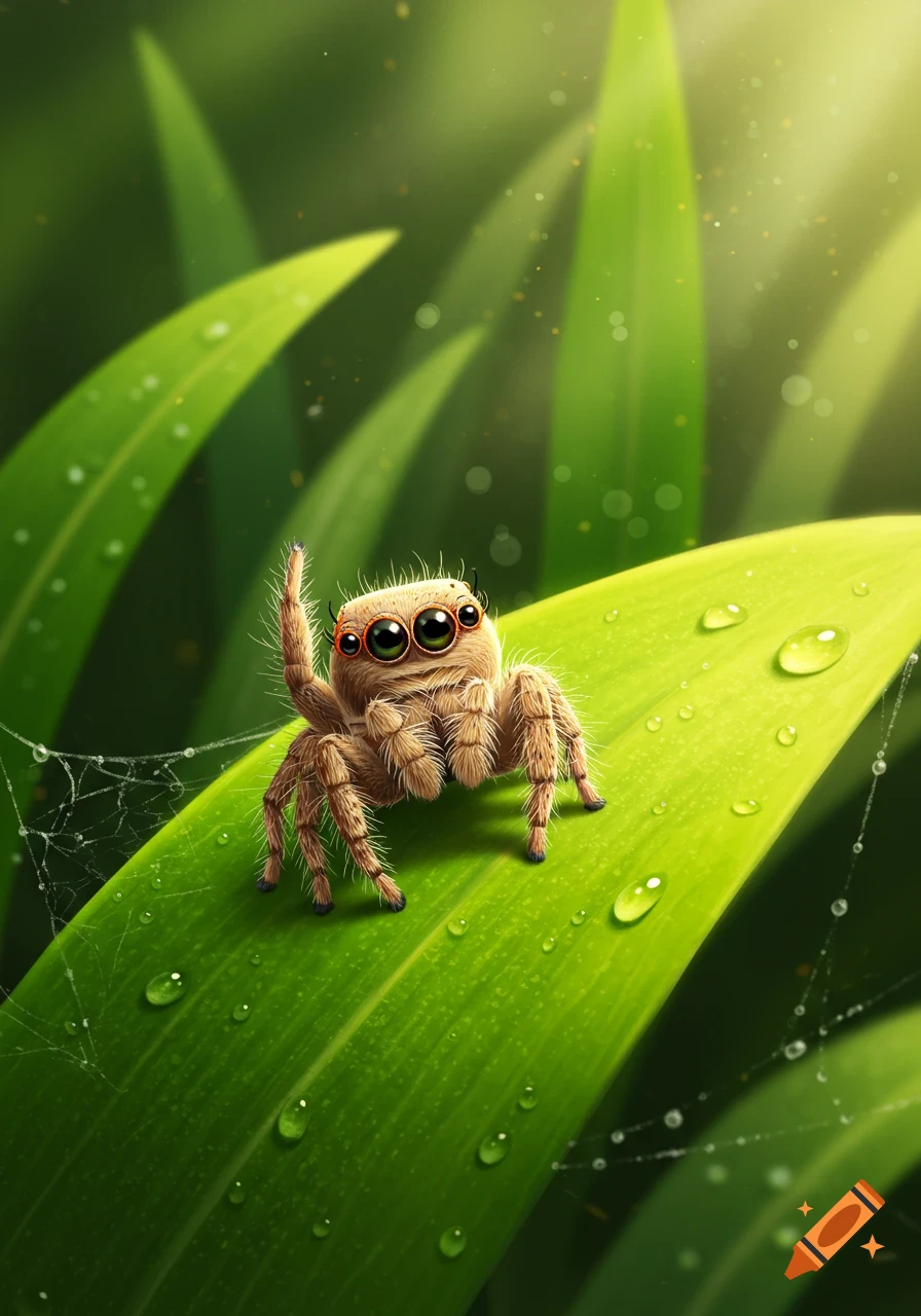 A photorealistic jumping spider wearing a top hat, rainbow bow tie, and ...