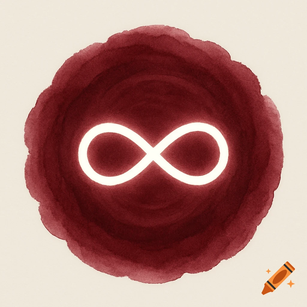 A glowing white infinity symbol centered in a maroon watercolor paint ...