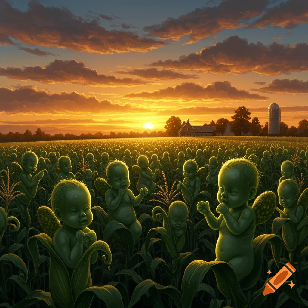 Aerial view of a dark corn field at night on Craiyon