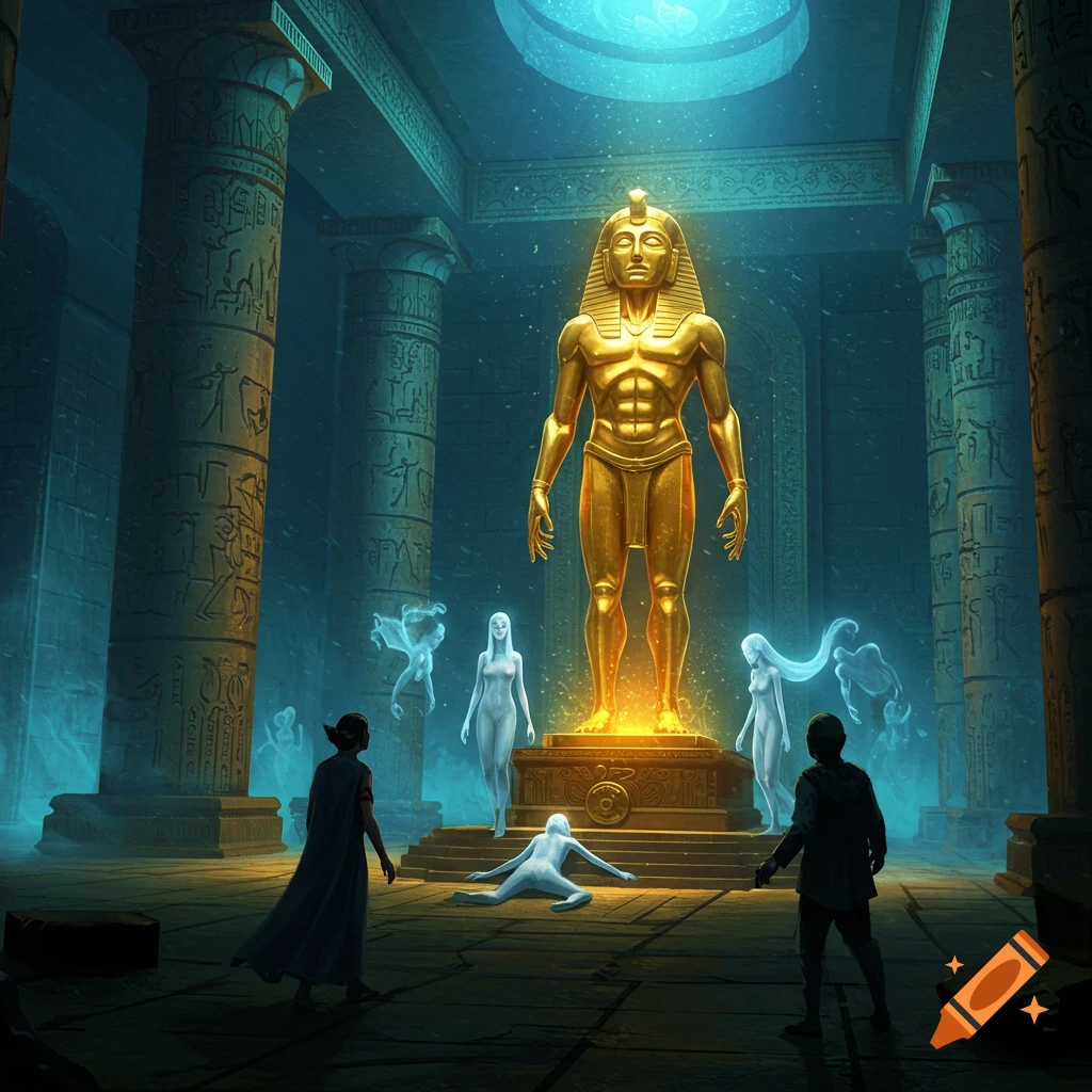 Dark fantasy scene in an ancient temple with a glowing golden idol ...