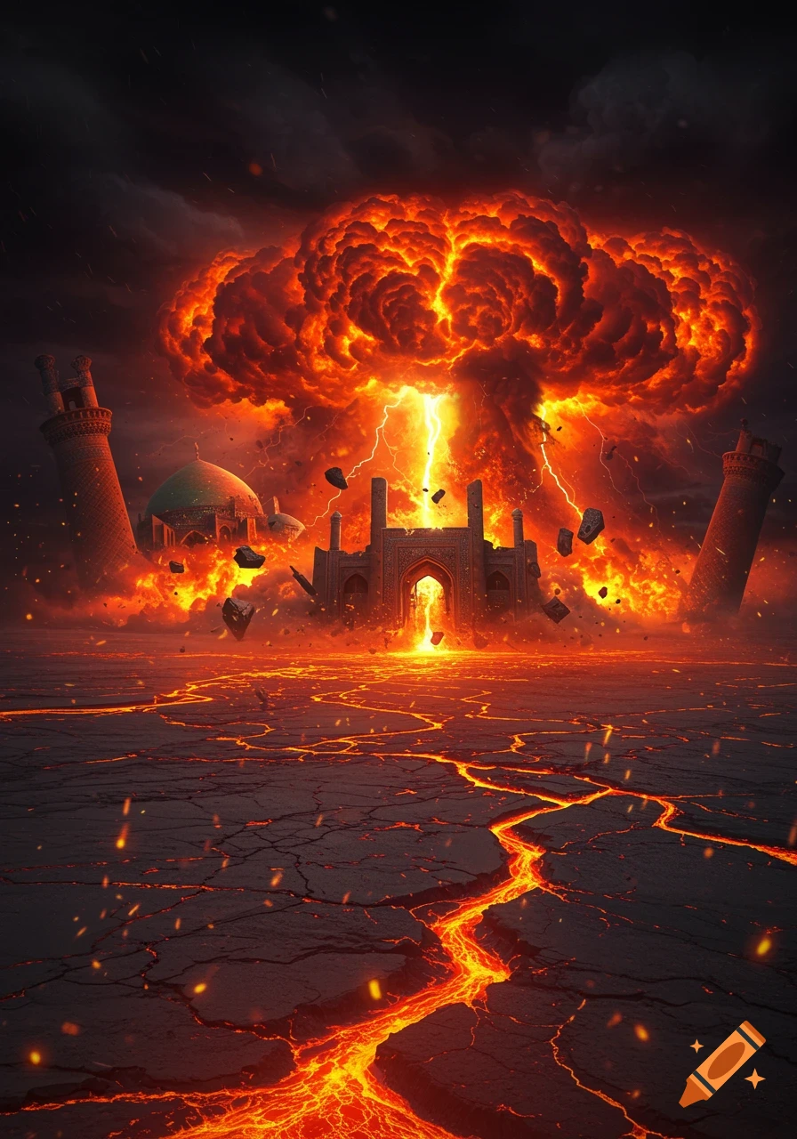 A massive, bright orange and yellow explosion engulfs a dark, debris ...