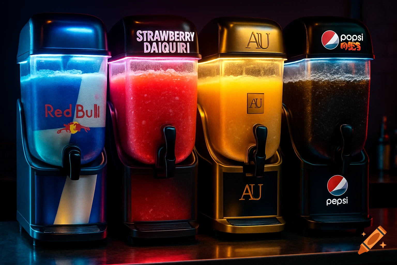 Four illuminated slushy machines featuring Red Bull, Strawberry ...