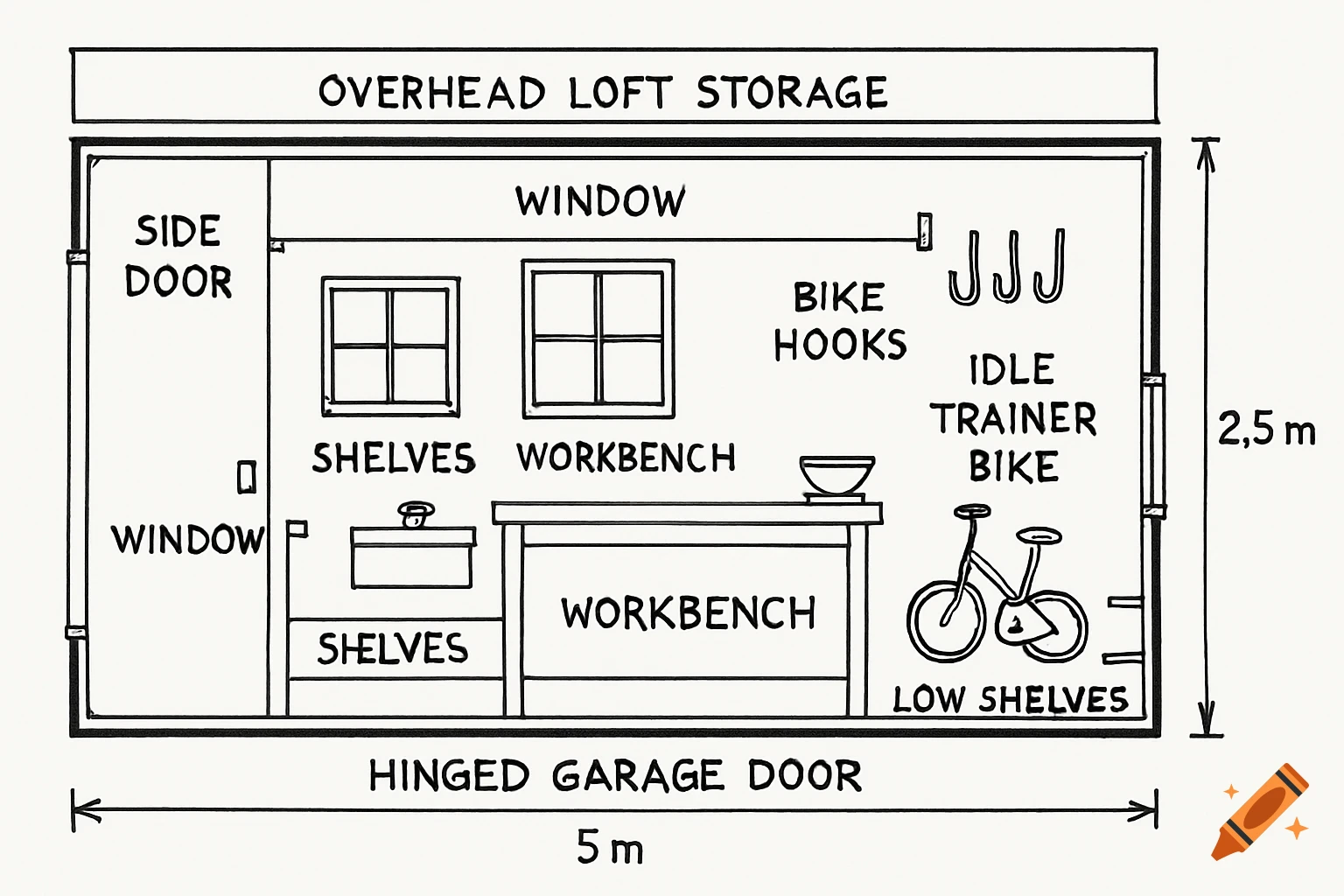 A black and white architectural line drawing showing a top-down view of ...