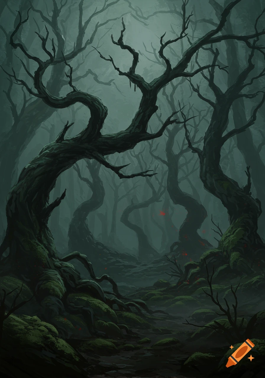 An isometric dark fantasy tree with glowing green cracks on its dark ...