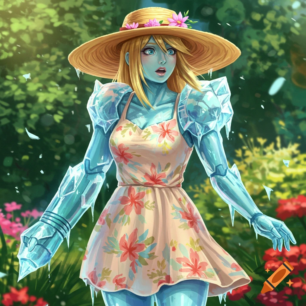 Zero Suit Samus as an ice statue, wearing a straw hat and floral ...