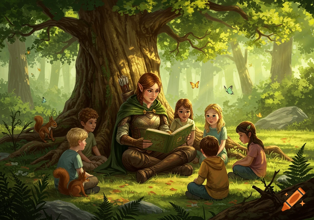 An elven female ranger reads a book to a group of children under a ...