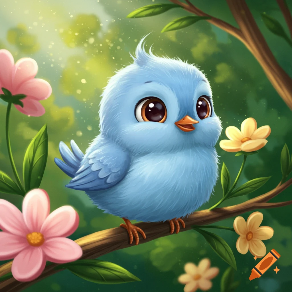 Fluffy blue 3D cartoon owl with big eyes sits on a branch, smiling ...