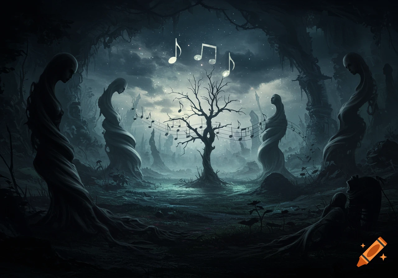 A dark fantasy scene depicts a bare tree emitting musical notes and ...