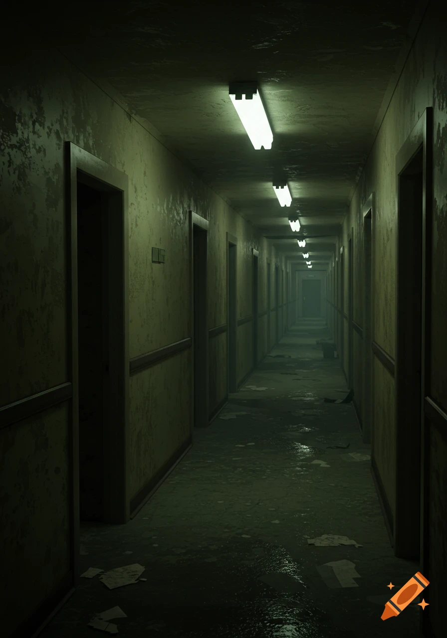 A long, dark, eerie hallway extends into the distance, lit by flickering fluorescent lights on a ...