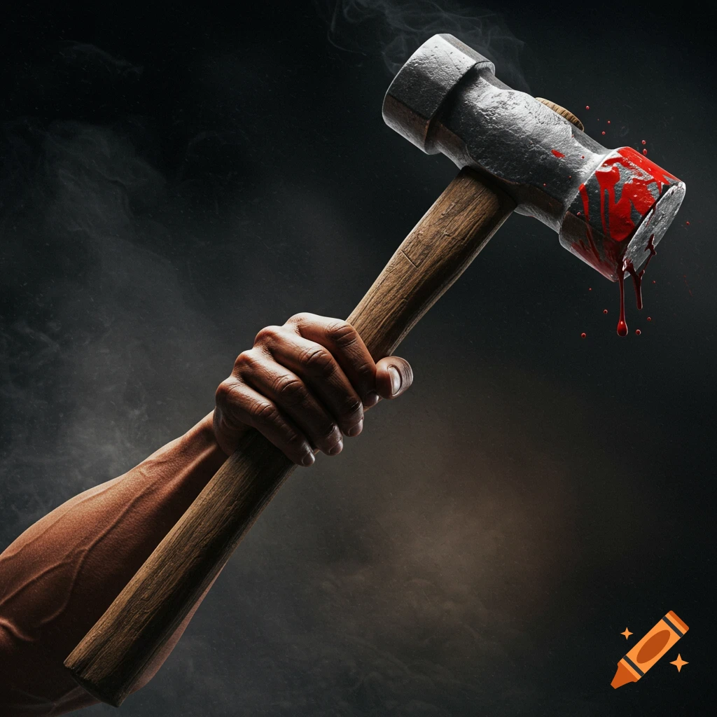 A raised dark-skinned fist, shackled at the wrist by rusty iron bands ...