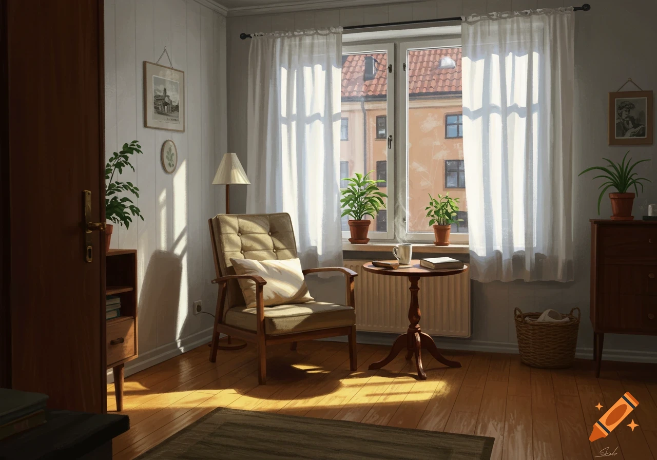 A cozy, sunlit room with an armchair, plants on a windowsill, and a ...