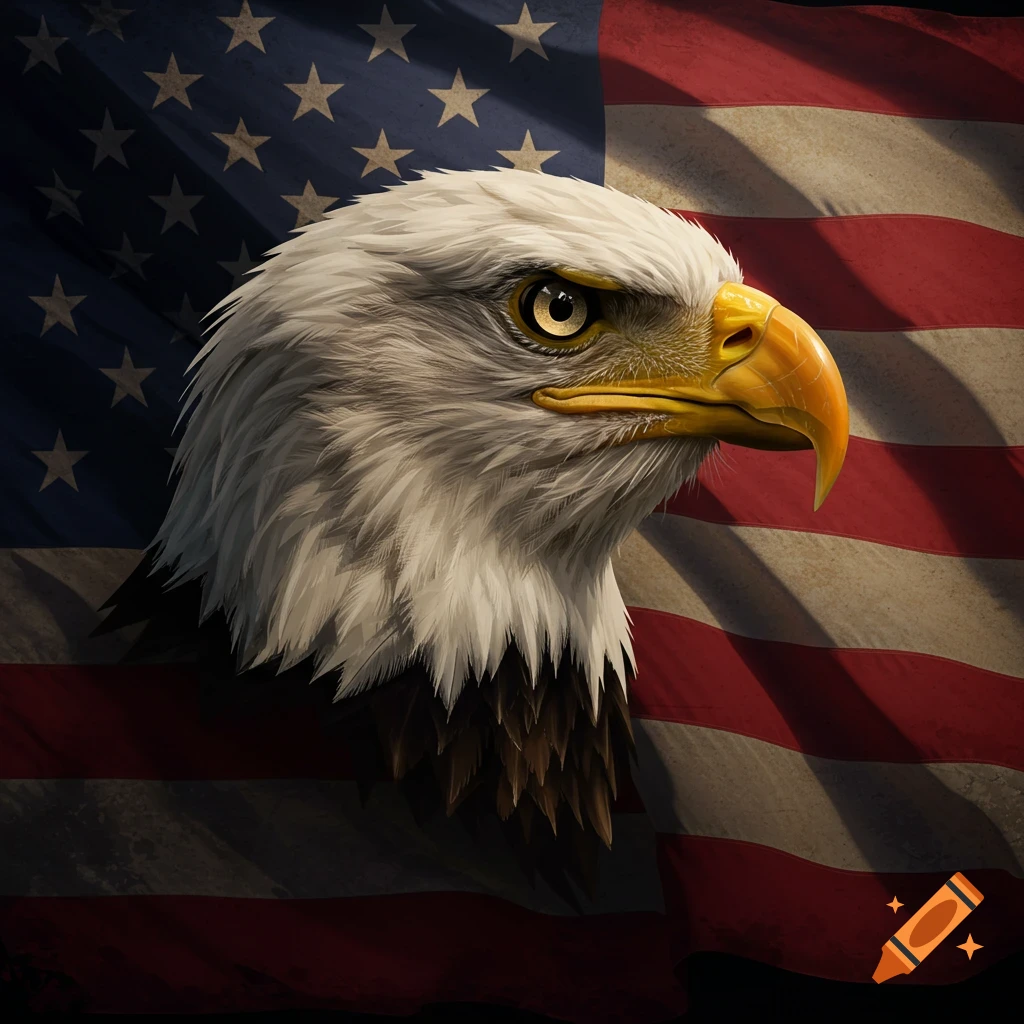 A detailed close-up of a bald eagle's head in profile against a ...