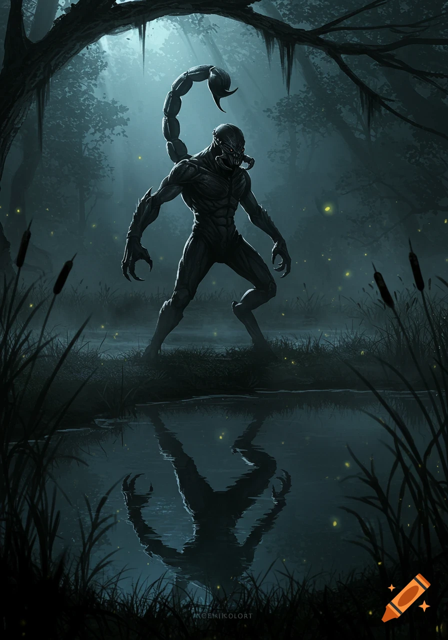 A dark scorpion humanoid stands in a misty swamp at night, with glowing ...