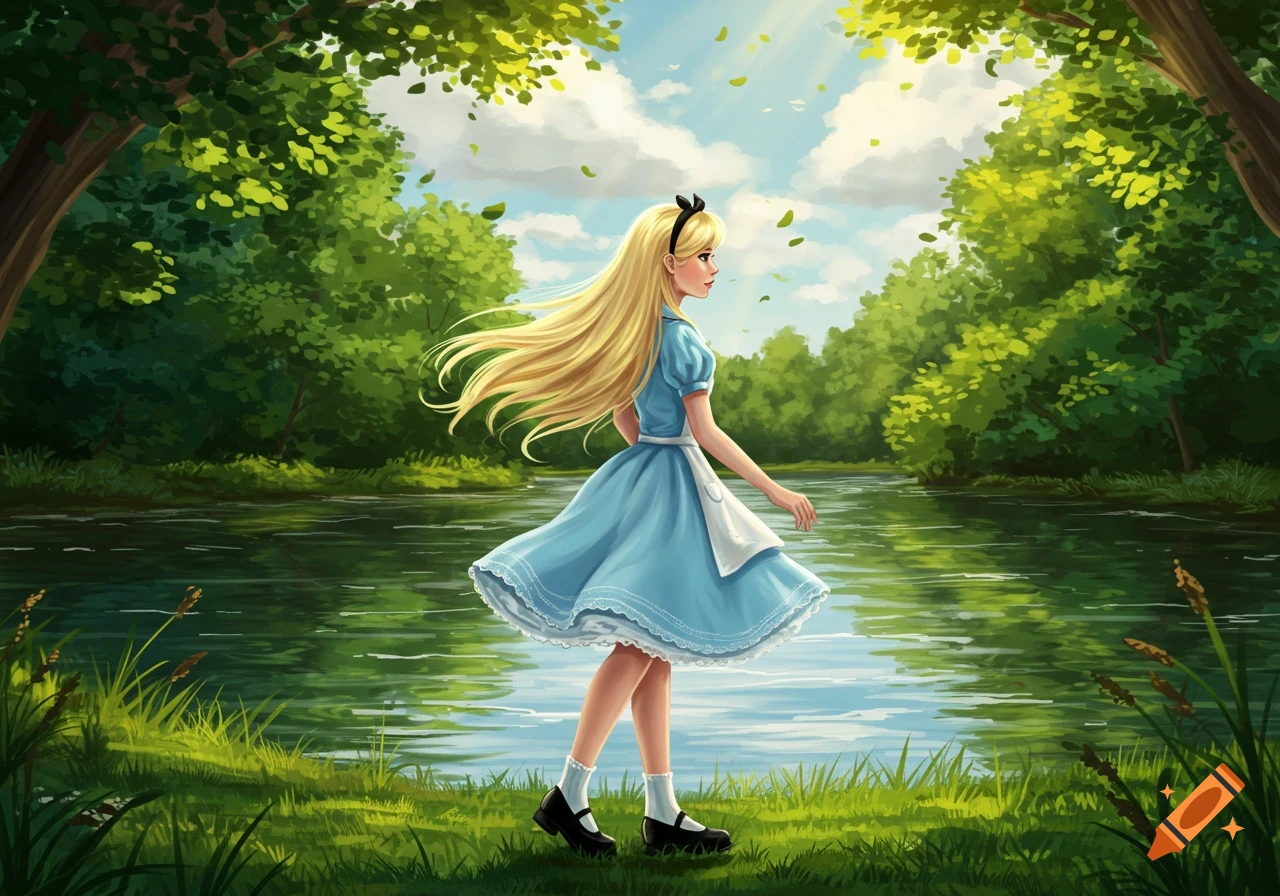 An illustration of a blonde woman in an Alice in Wonderland dress on a windy riverbank with lush ...