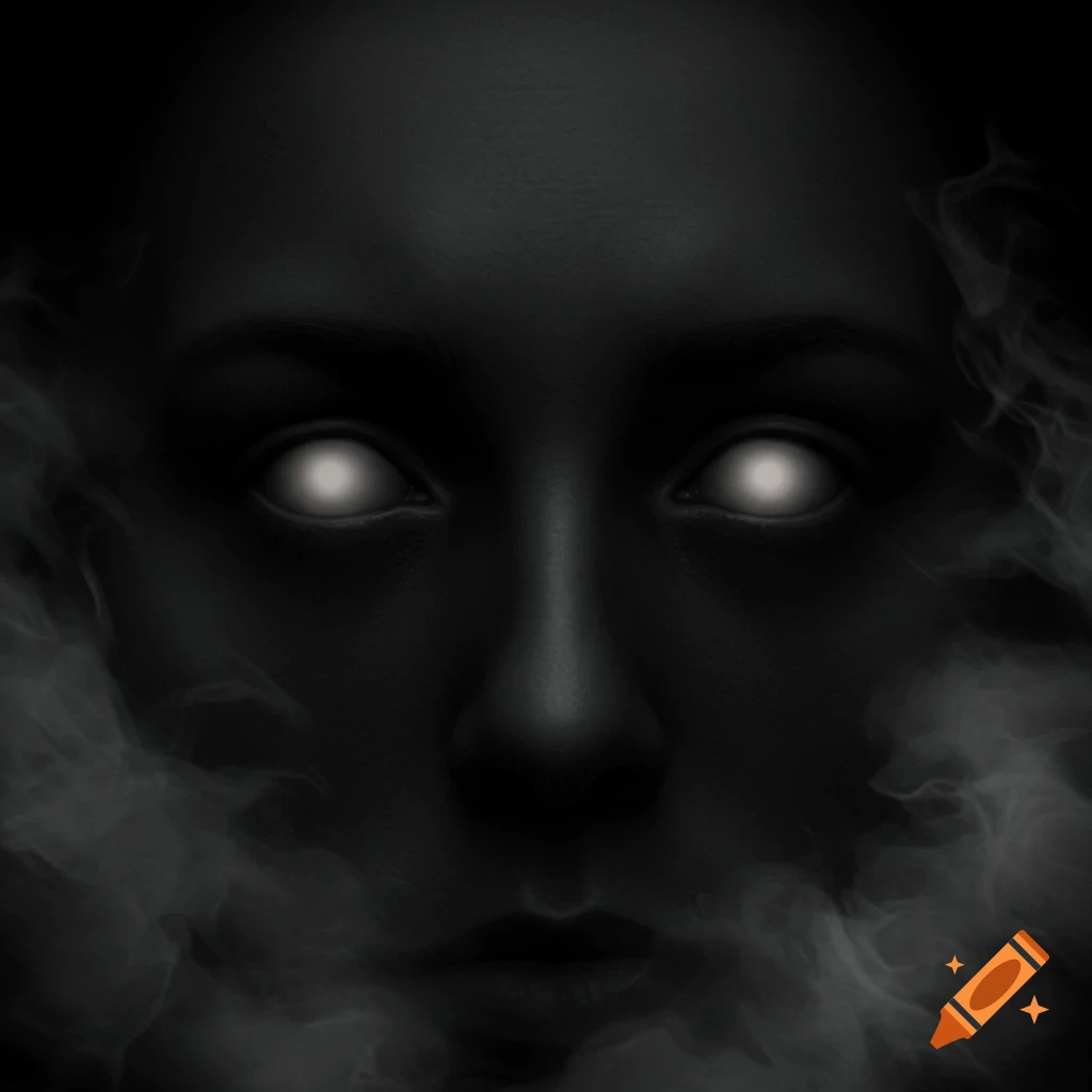 A close-up of a dark, shadowy face with glowing white eyes surrounded ...