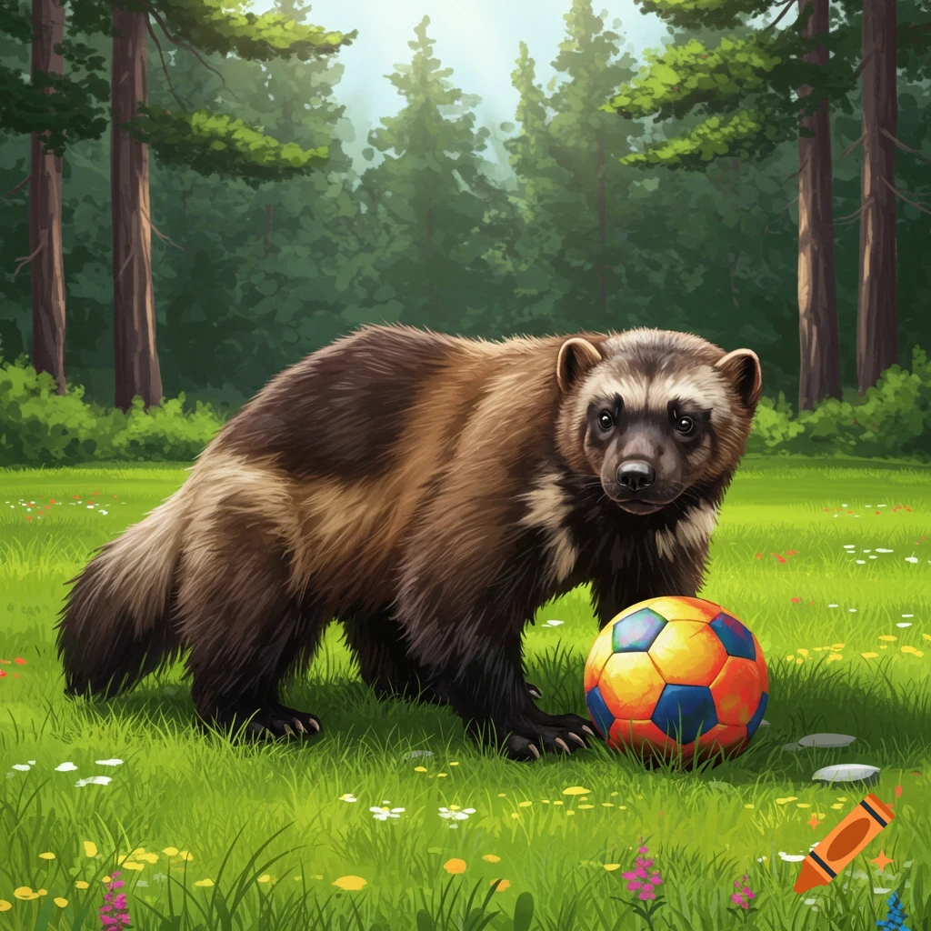 A wolverine stands next to a colorful soccer ball in a lush green ...