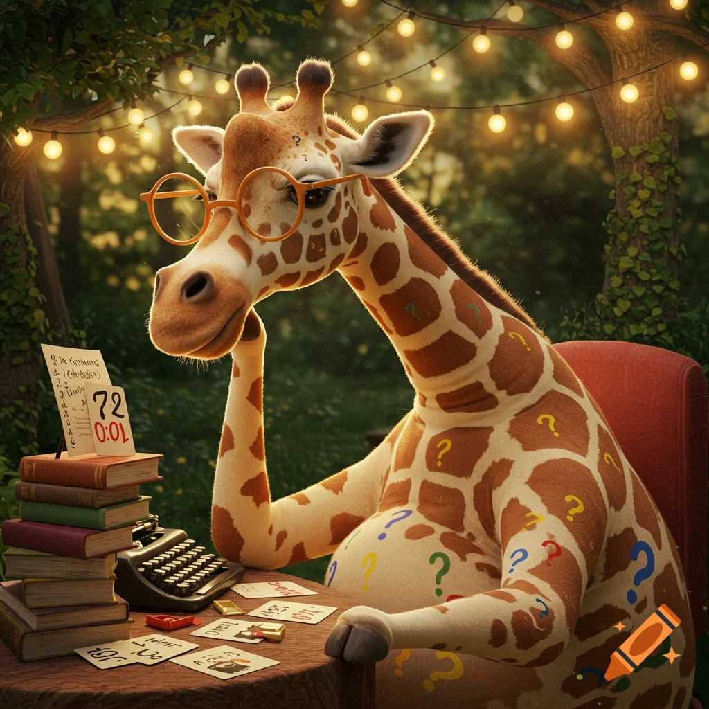 Comical cartoon giraffe in glasses at a table with books and a ...
