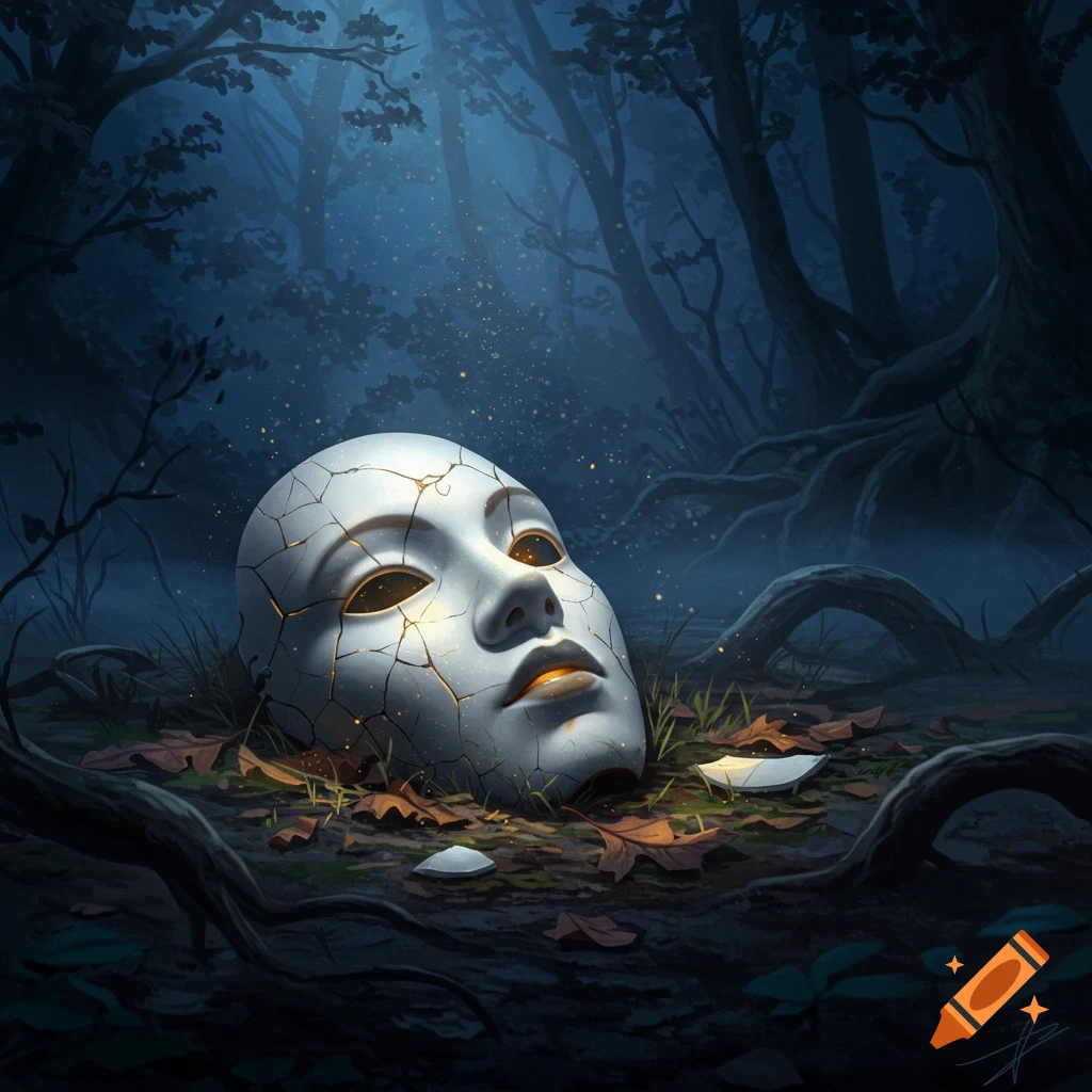 A broken white mask with glowing cracks lies on the dark forest floor ...