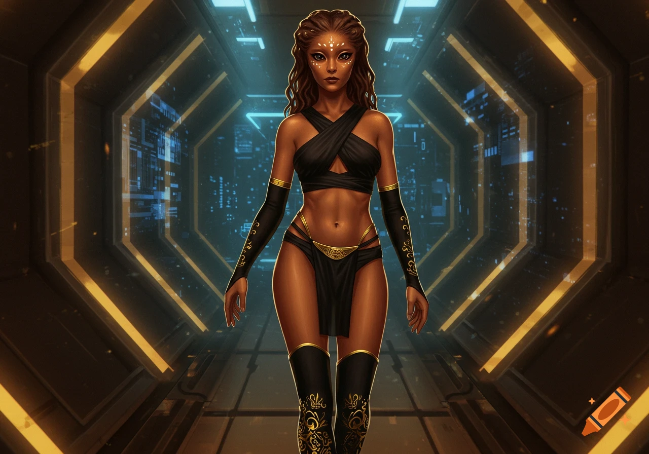 A woman with blonde and pink hair in a dark futuristic suit with silver accents stands against a ...