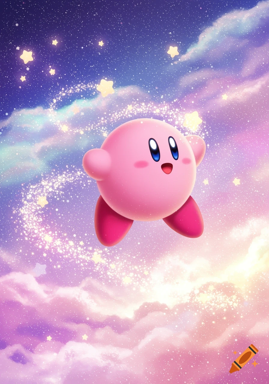 Pink Kirby runs happily through a whimsical starry sky filled with pink ...