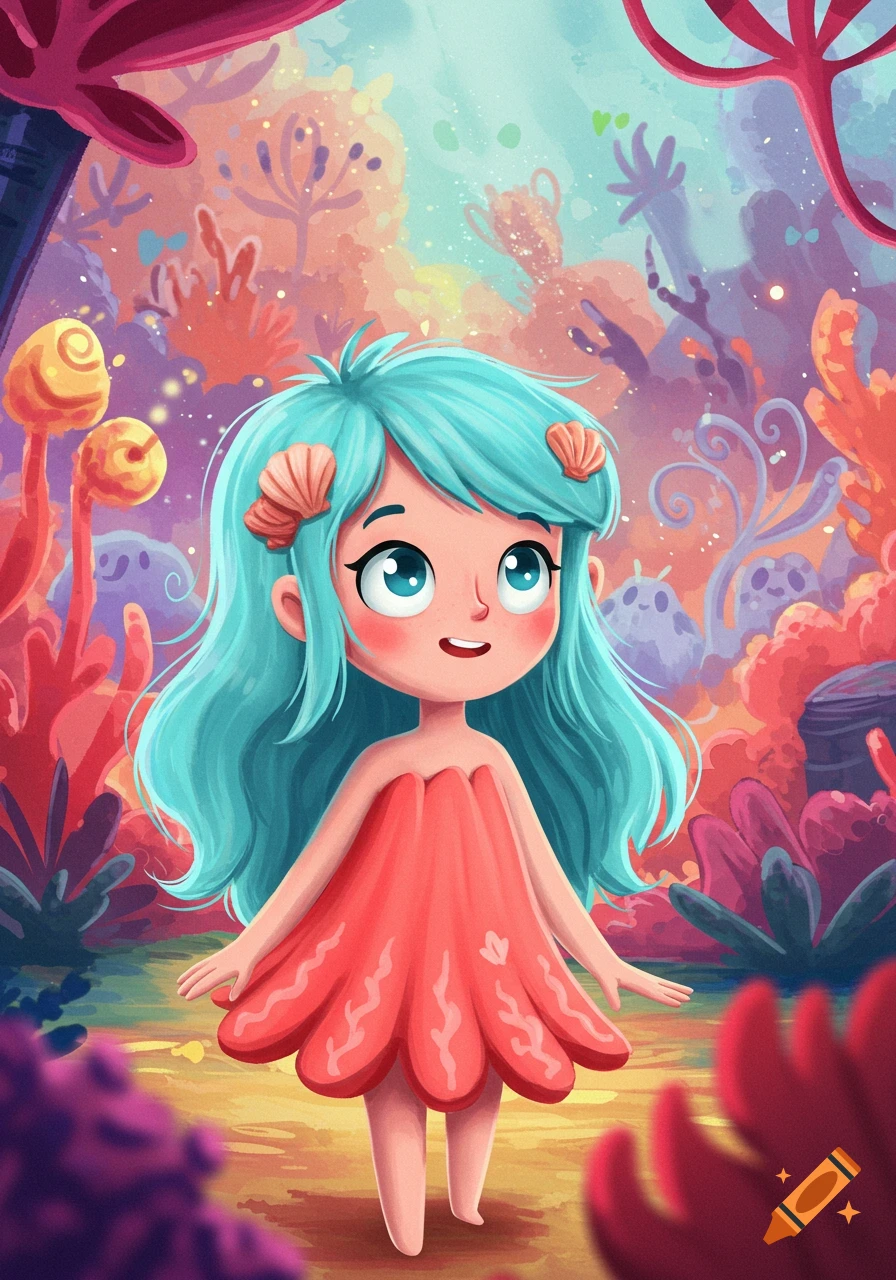 Cartoon girl with red hair and light blue swimsuit swimming underwater ...